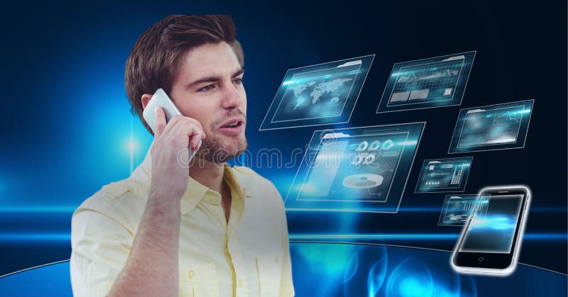 Composition of Businessman Talking on Smartphone Over Digital Screens ...
