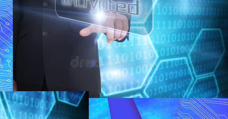 Composition Of Businessman Touching Encrypted Screen Over Binary Coding Stock Image Image Of