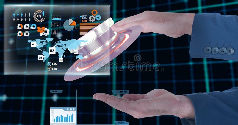 Composition of Businessman Touching Interactive Screen with Digital ...