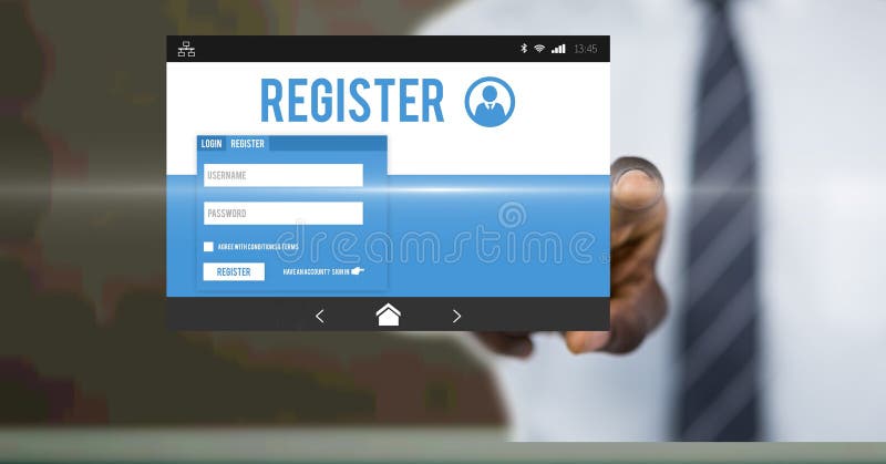 Composition of Businessman Touching Screen with Registration Data Stock ...