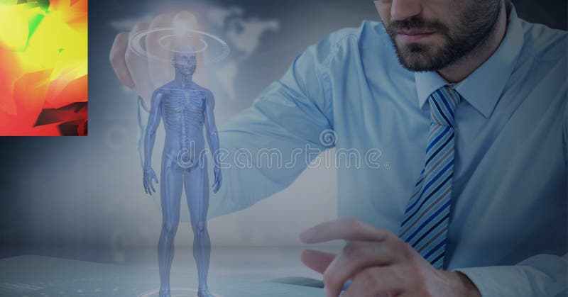 Composition of Businessman Touching Virtual Interactive Human Model ...