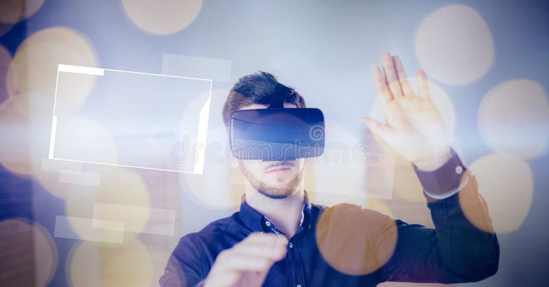 Composition of Businessman Wearing Vr Headset Touching Digital Screen ...