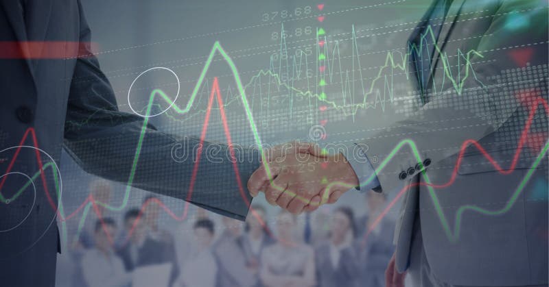 Composition of Businessmen Shaking Hands with Financial Data Processing ...
