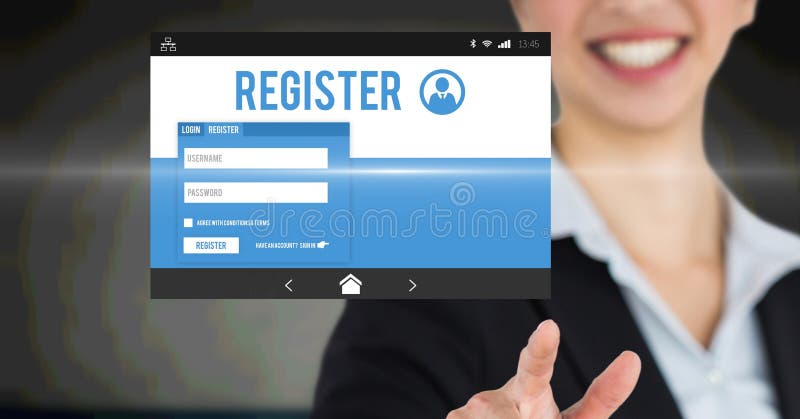 Composition of Businesswoman Touching Screen with Registration Data ...