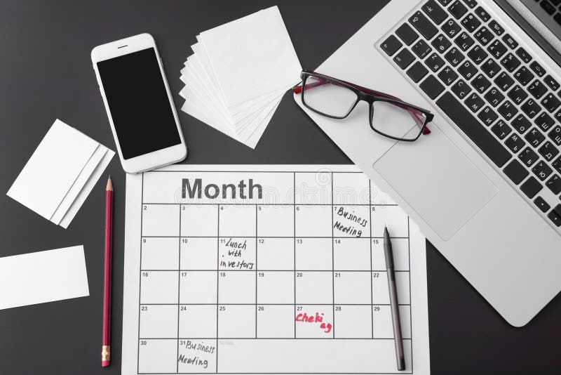 Composition of Calendar with To-do List and Laptop on Dark Table Stock ...