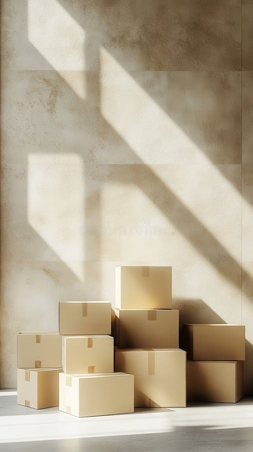 Stacked Cardboard Boxes Against a Textured Wall with Sunlight Stock ...