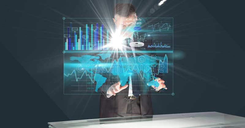 Composition of Caucasian Businessman Touching Screen with Data ...