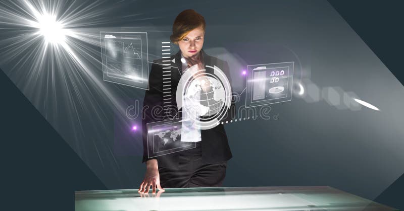 Composition of Caucasian Businesswoman Touching Screen with Data ...
