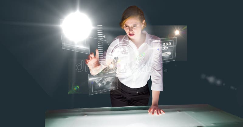 Composition of Caucasian Businesswoman Touching Screen with Data ...