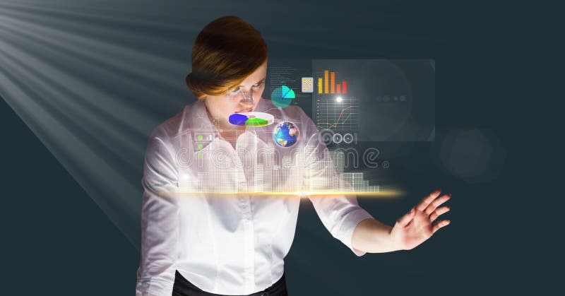 Composition of Caucasian Businesswoman Touching Screen with Data ...