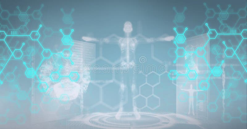 Composition of Chemical Compounds and Human Skeleton on Blue Background ...