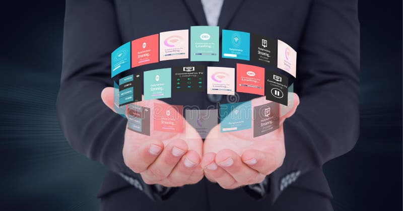 Composition of Circle Network of Digital Icons Over Hand of Businessman ...