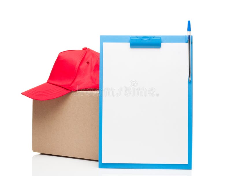 Composition with Clipboard Red Cap and Cardboard Box Stock Image ...