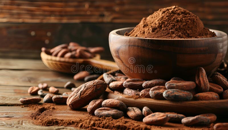Composition with Cocoa Beans and Powder on Wooden Table Stock Photo ...