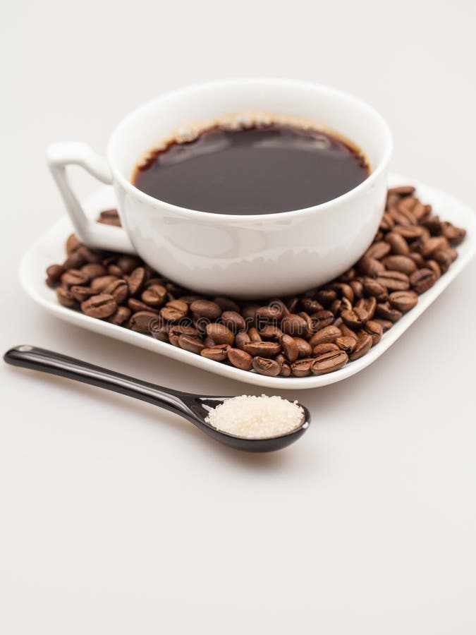 Composition with Coffee Cup, Coffee Powder, Sugar and Beans Stock Photo ...