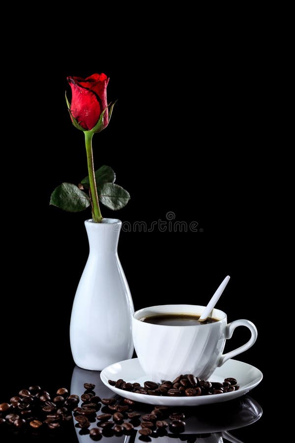 Composition of Coffee and Red Rose on a Black Reflective Background ...