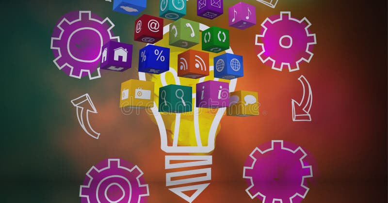 Composition of Cogs and Multi Coloured Digital Icons Over Light Bulb on ...