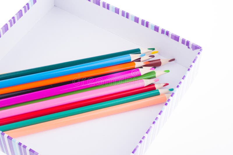 Composition with Color Pencils in Striped Box. Gift Concept Stock Image ...