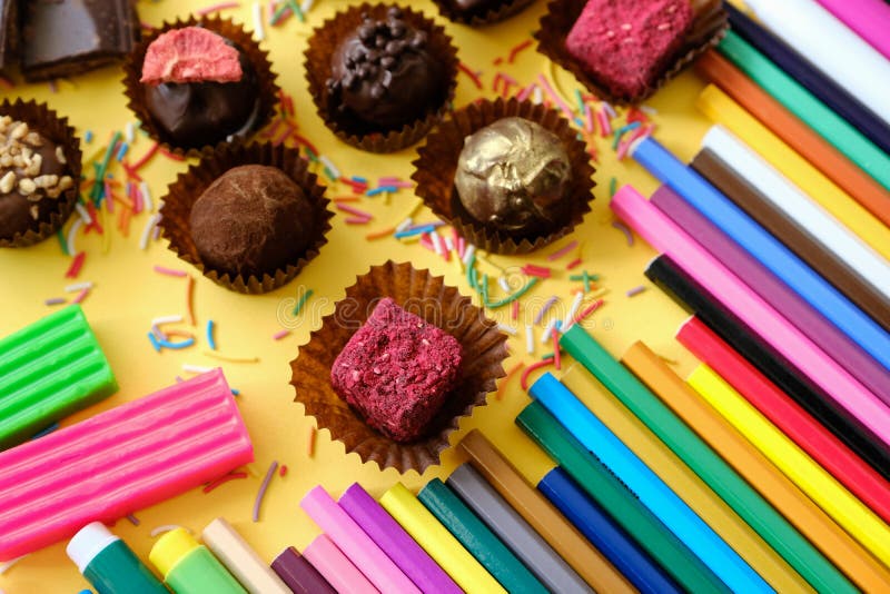 Composition Colored Pencils Beautiful Sweets Stock Photos - Free ...