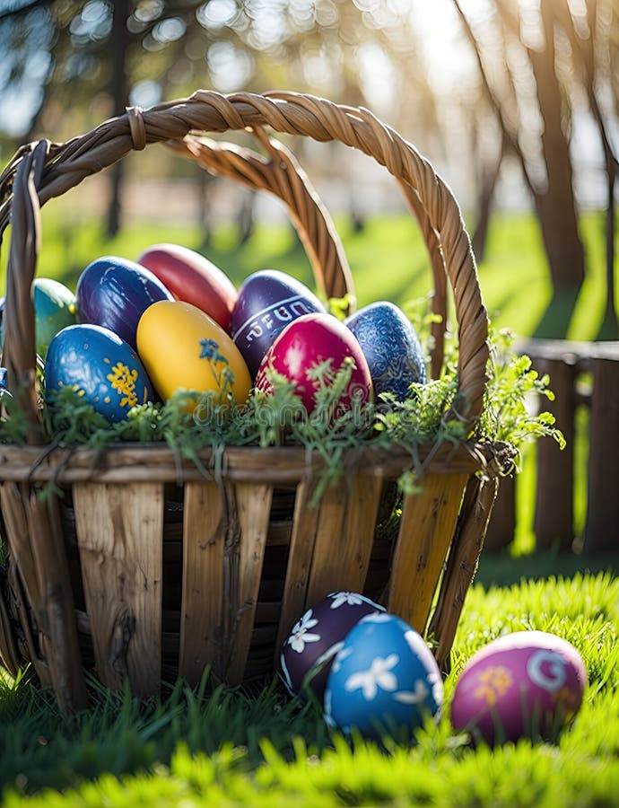 Composition of Colourful Easter Eggs in Wicker Basket Outside. Happy ...