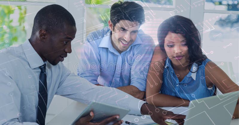 Composition of Computer Circuit Board Over Business People Using Laptop ...