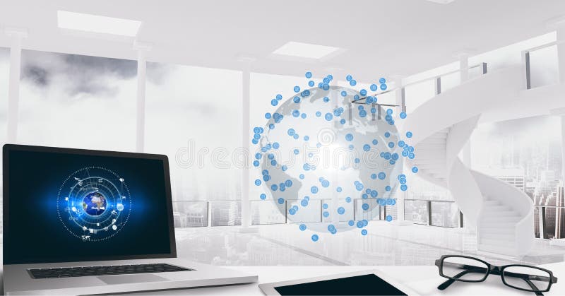 Composition of Computer on Desk in Office, with Research Data Interface ...