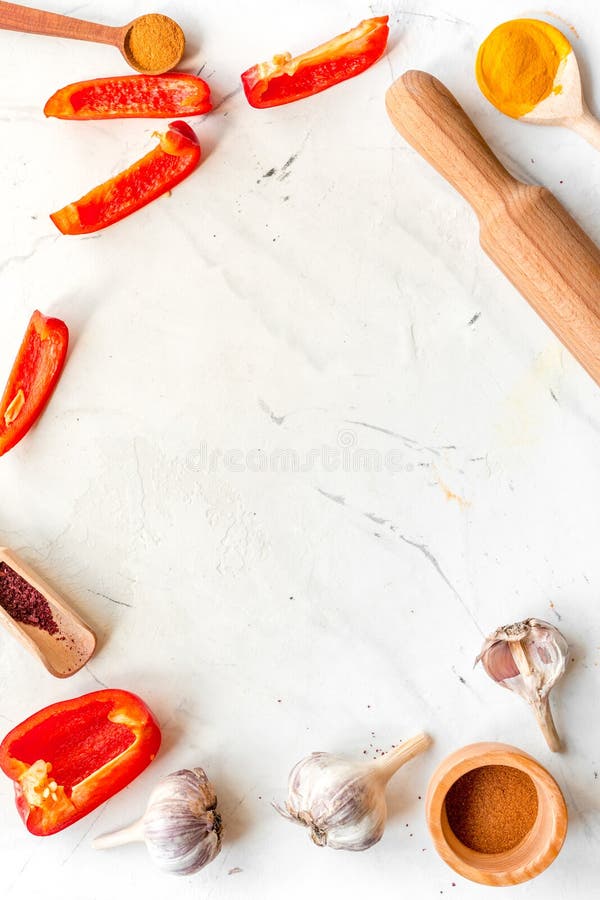 Composition of Cooking Tools and Spices on Kitchen Table Top View ...