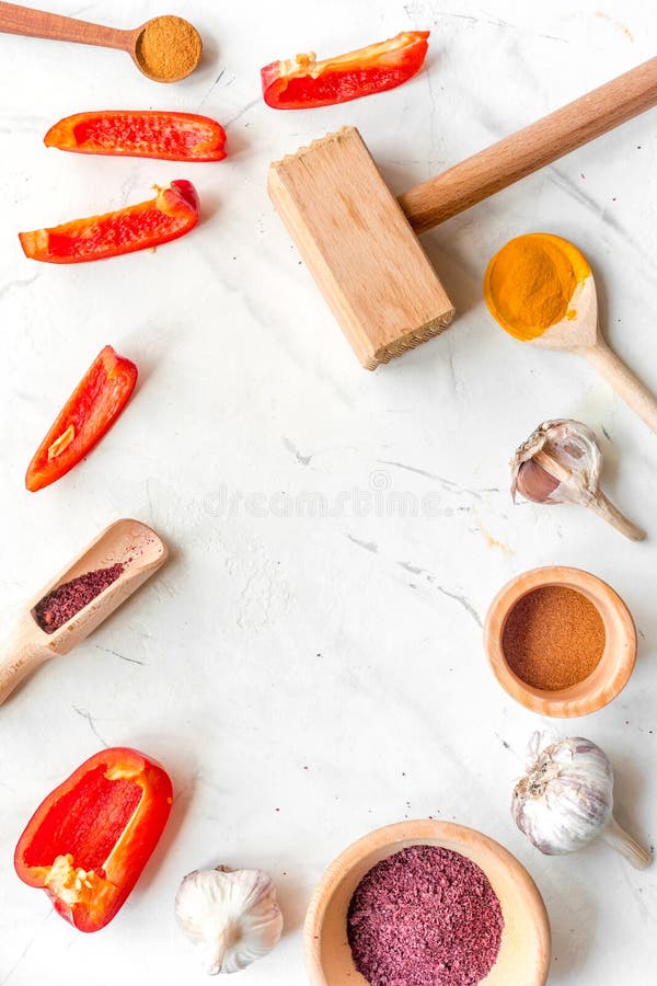 Composition of Cooking Tools and Spices Top View Space for Text Stock ...