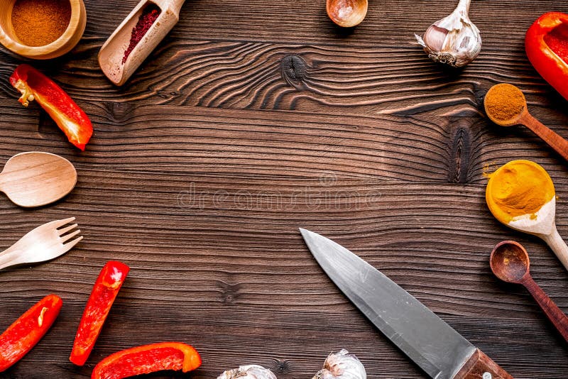 Composition of Cooking Tools and Spices Top View Space for Text Stock ...