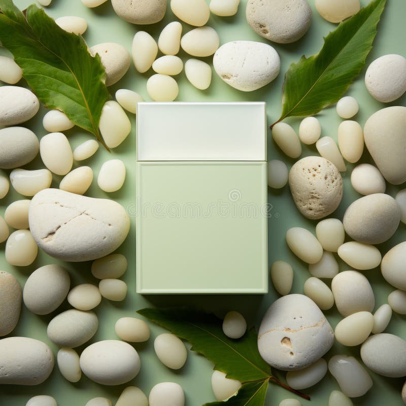 Composition of Cosmetic Packaging with White Rock and Leaves. Blank ...
