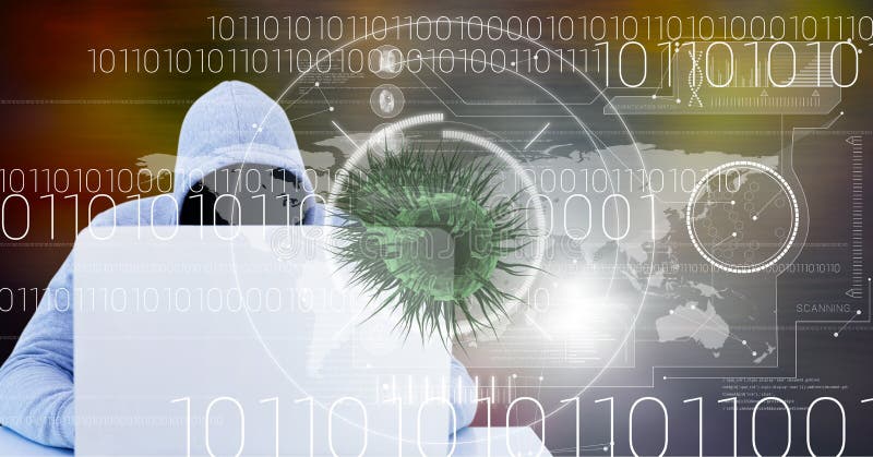 Composition of Covid 19 Virus Cell and Binary Coding Data Processing Over Hacker Using Laptop ...