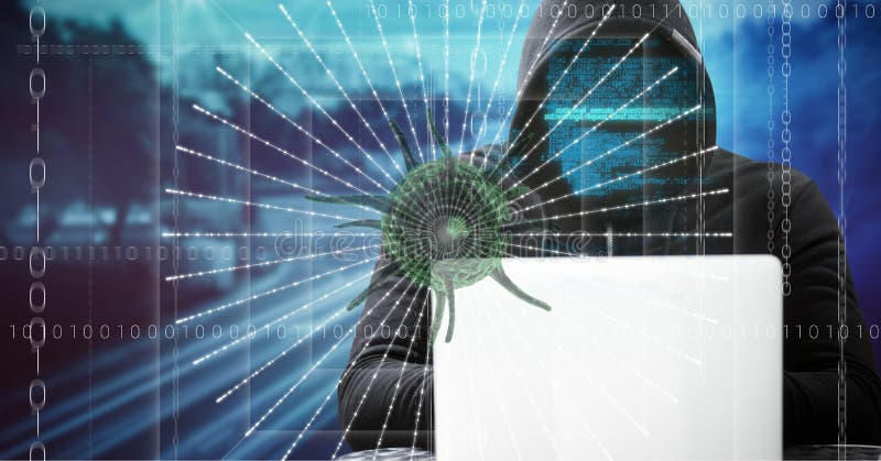 Composition of Covid 19 Virus Cell and Binary Coding Data Processing Over Hacker Using Laptop ...