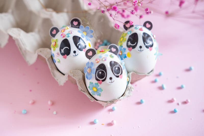 A Composition with Creatively Colored Easter Eggs with Panda Stickers ...