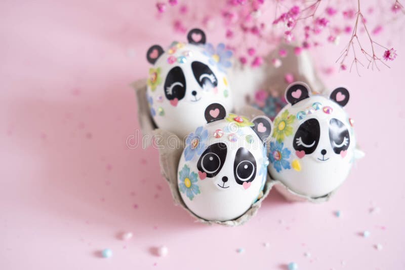 A Composition with Creatively Colored Easter Eggs with Panda Stickers ...