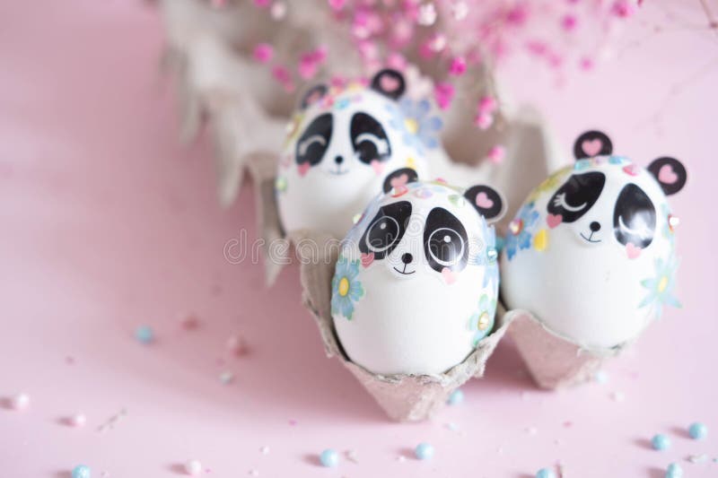 A Composition with Creatively Colored Easter Eggs with Panda Stickers ...