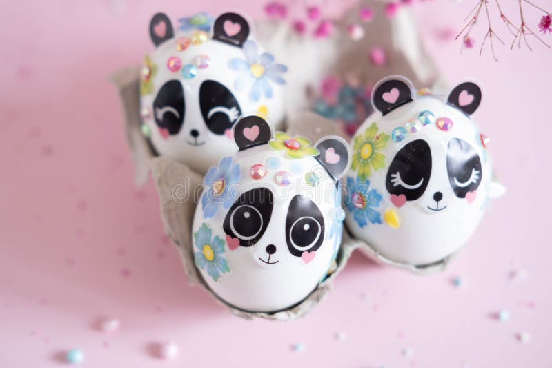 A Composition with Creatively Colored Easter Eggs with Panda Stickers ...