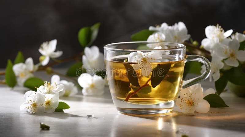 Composition with Cup of Jasmine Tea and Flowers, Generative Ai Stock ...