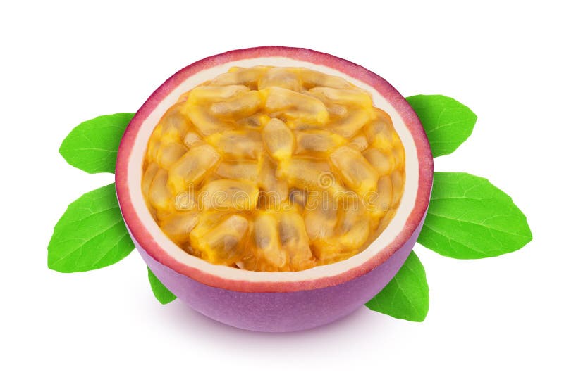 Composition With Cutted Passion Fruit With Leaves Isolated On White