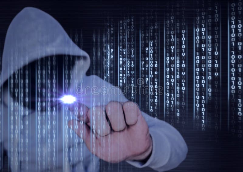 Hacker with Hood Holding a Credit Card and Using a Laptop in Frond of ...