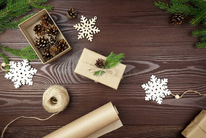 Composition for Decorating Christmas Gift Boxes Over Wooden Table Stock ...