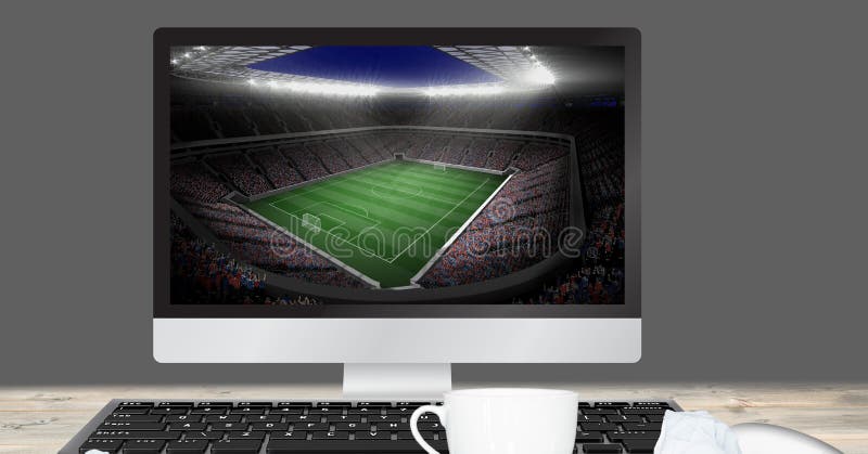 Composition of Desk and Cup of Coffee Over Football Stadium in Computer ...