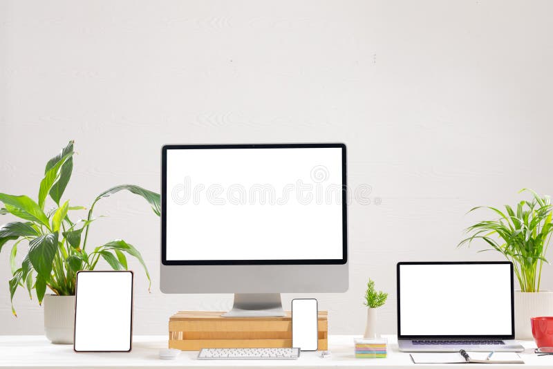 Composition of Desktop Computer with Copy Space on White Background ...
