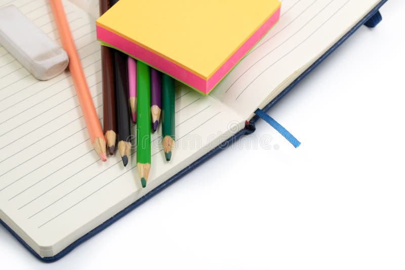 Composition of Different Colored Pencils and Post-it Notes Placed on ...