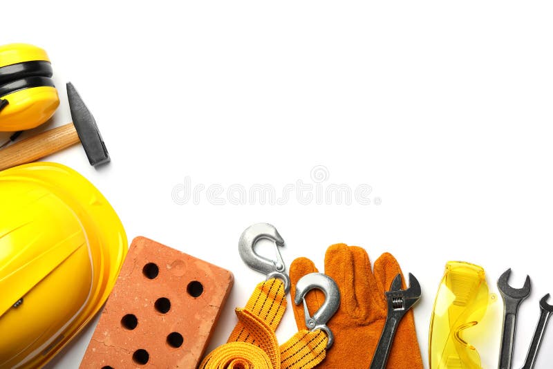 Composition with Different Construction Tools on White Background, Top ...