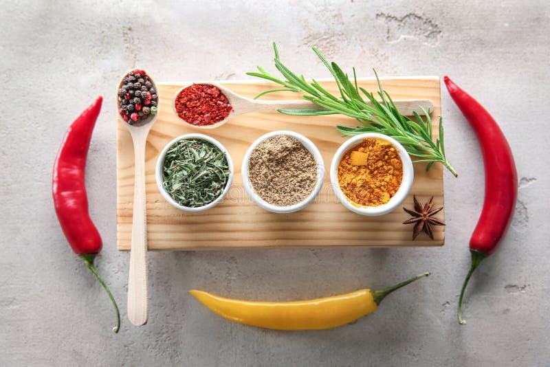 Composition with Different Dry Spices on Light Background Stock Photo ...