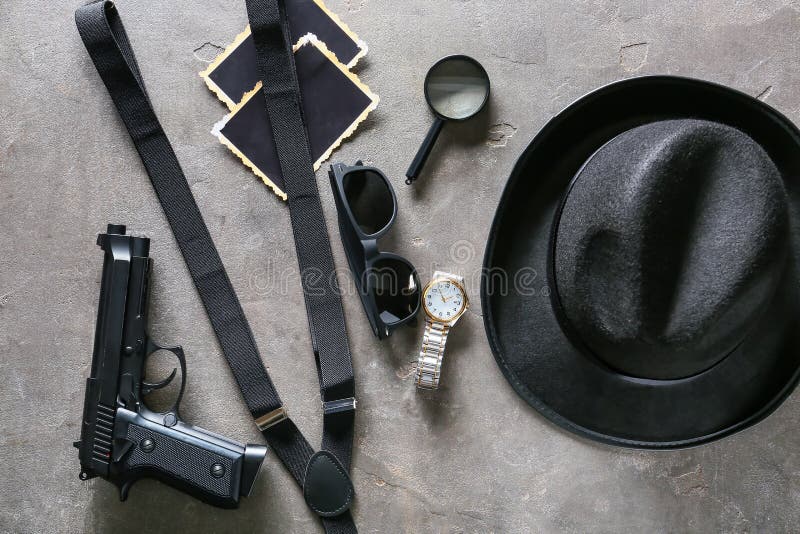 Composition with Different Items for Detective on Grey Background Stock ...