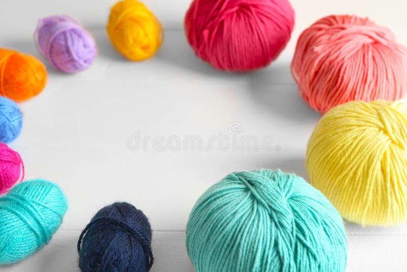 Composition with Different Knitting Yarn on Light Background Stock ...