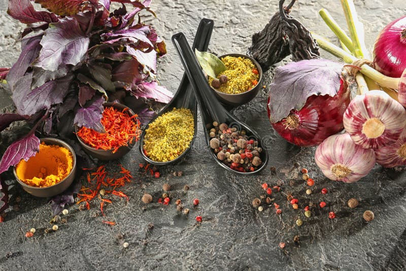 Composition with Different Spices on Grey Textured Background Stock ...