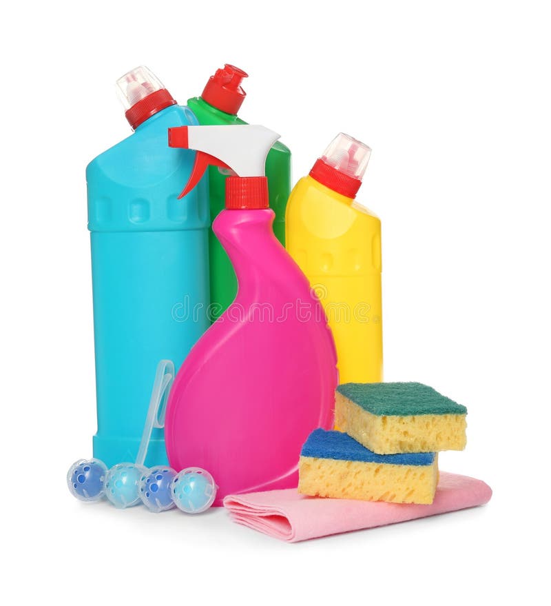 Composition with Different Toilet Cleaning Tools on White Background ...