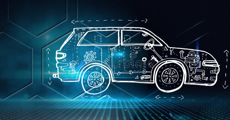Composition of Digital Hexagons Over Car Drawing Stock Illustration ...